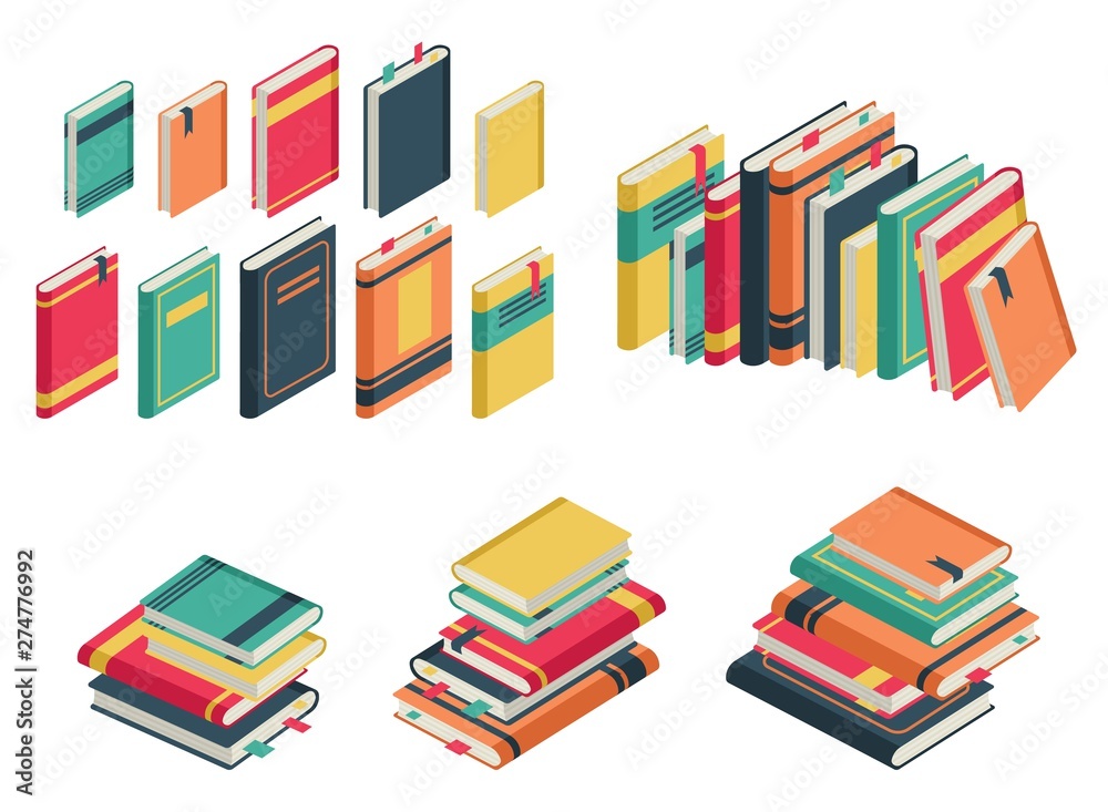 Isometric book set. Books school library publishing dictionary textbook ...