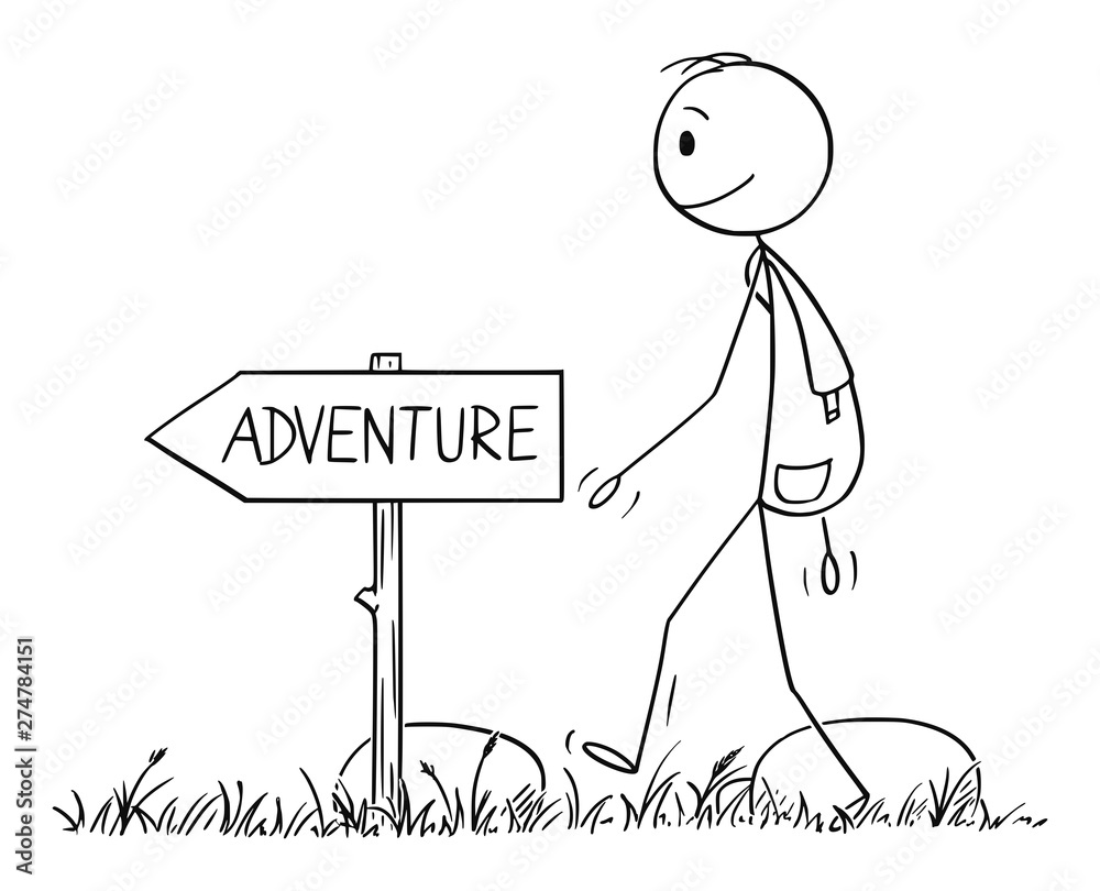 Vector cartoon stick figure drawing conceptual illustration of hiker or ...