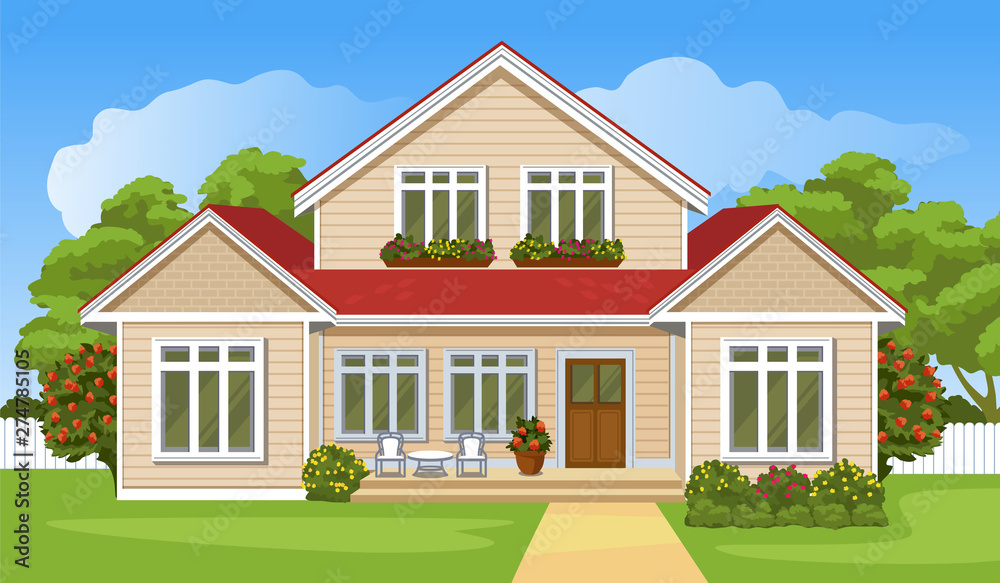 House with a lawn. Cartoon style background. Vector illustration. Stock ...