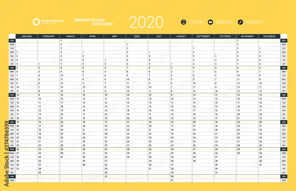 Wall calendar yearly planner template for 2020. Vector design print ...