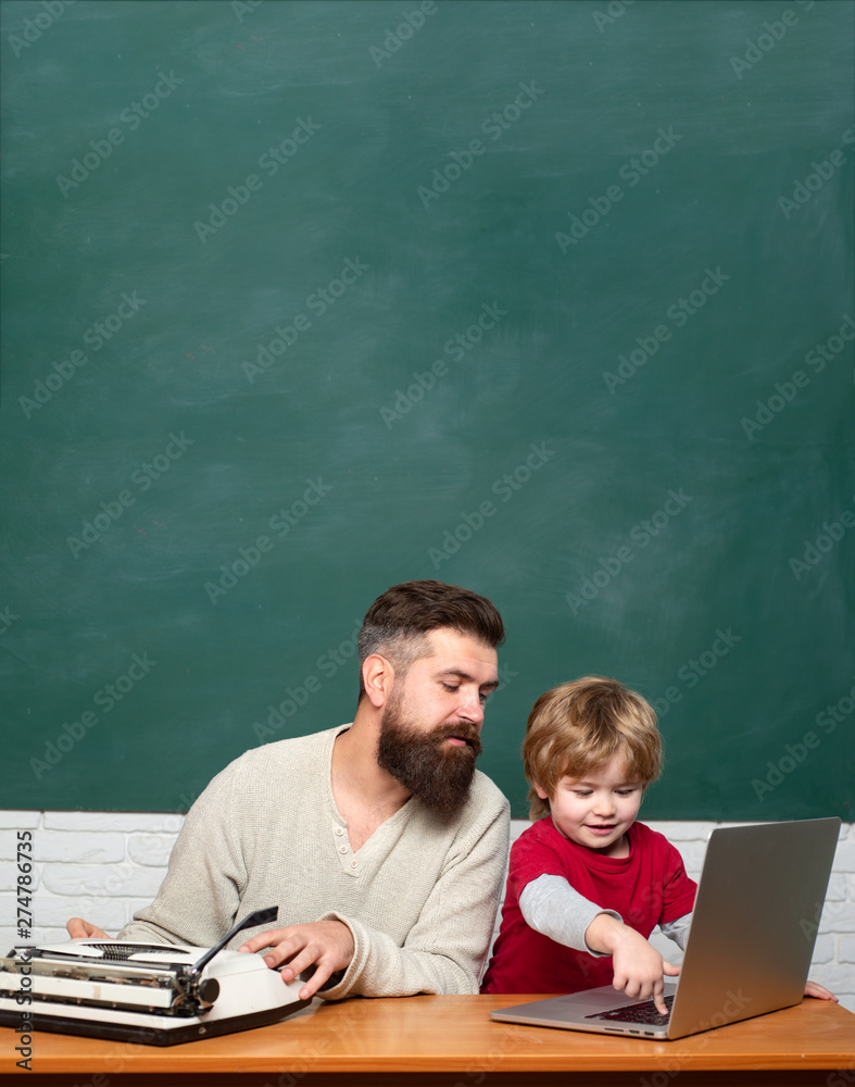 Daddy Teacher. Chalkboard background. Father and son. Back to school ...