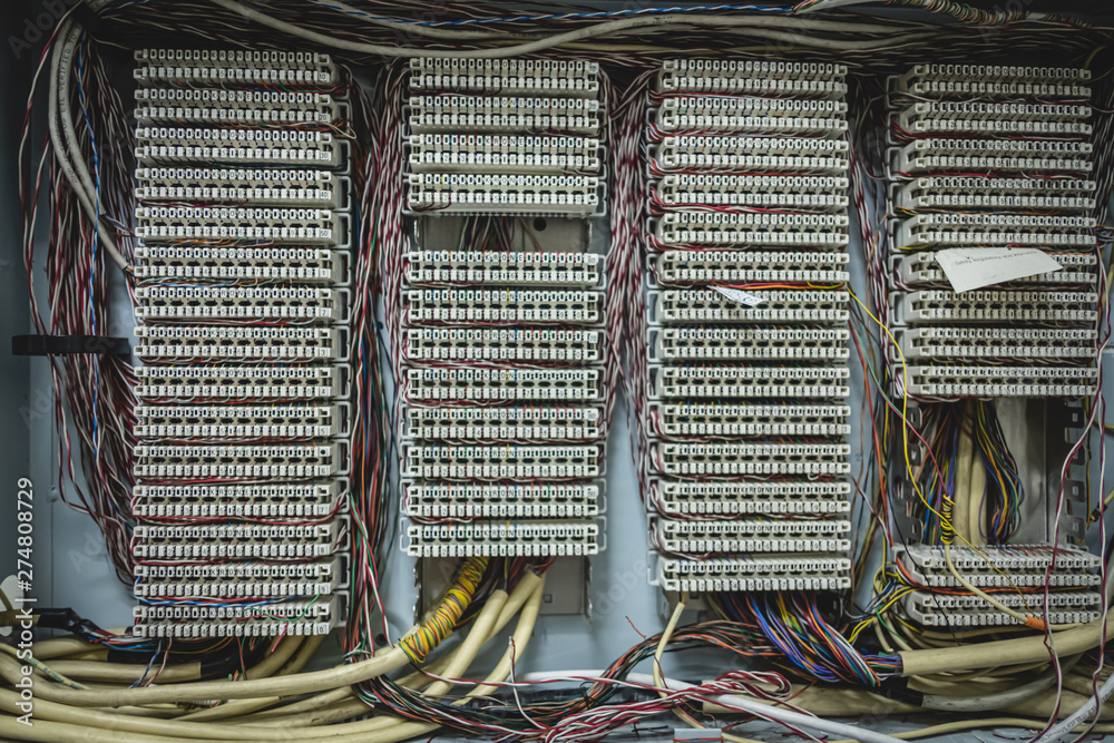 Telephone switchboard panel and wiring for analog telephone Stock-Foto ...