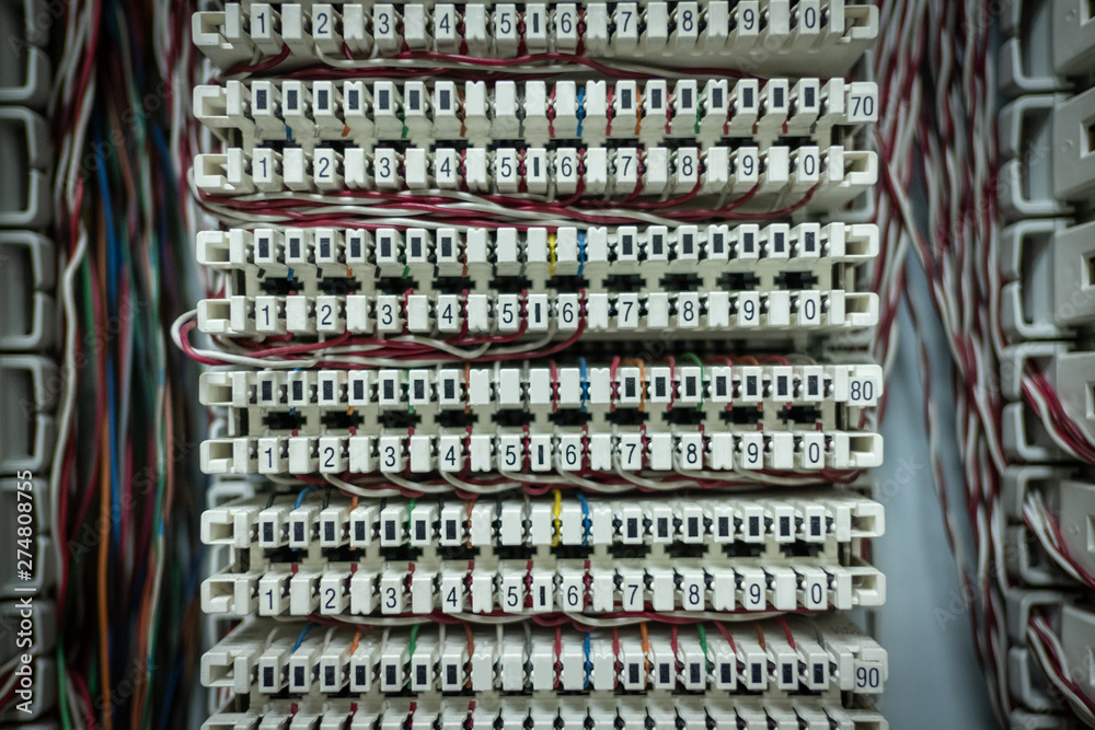 Telephone switchboard panel and wiring for analog telephone Stock Photo ...
