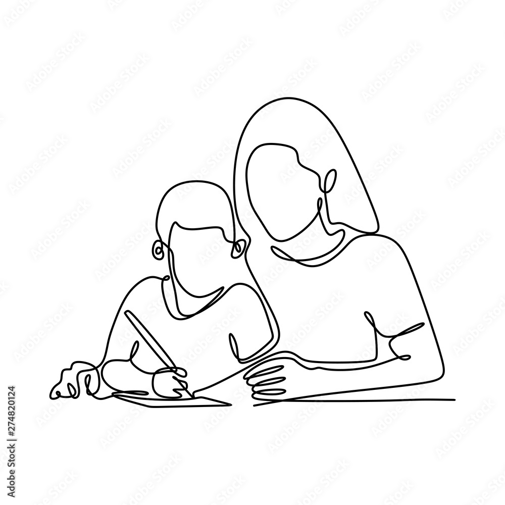continuous line drawing of small children reading books. Stock Vector ...