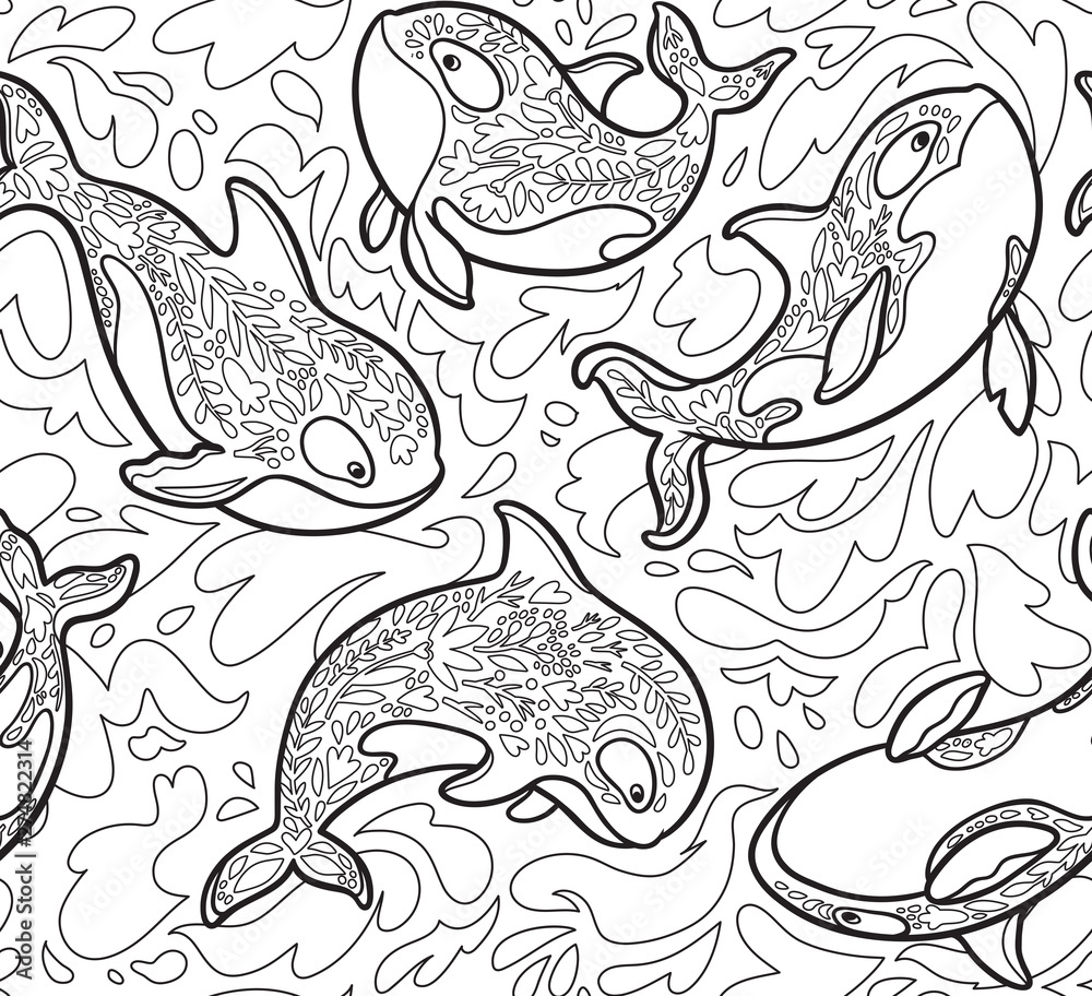 Killer whale orca seamless pattern in contour. Vector illustration ...