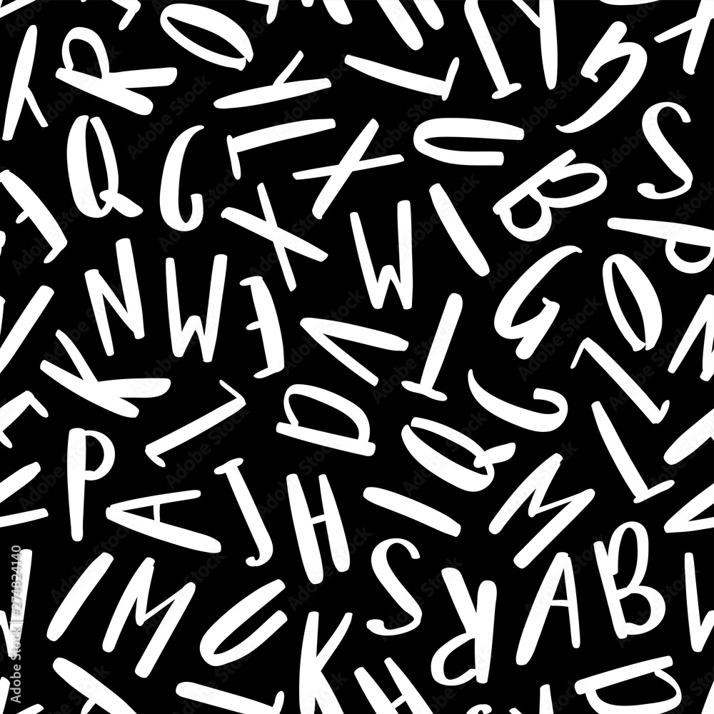 Abstract alphabet seamless pattern in handwritten style. Black and ...