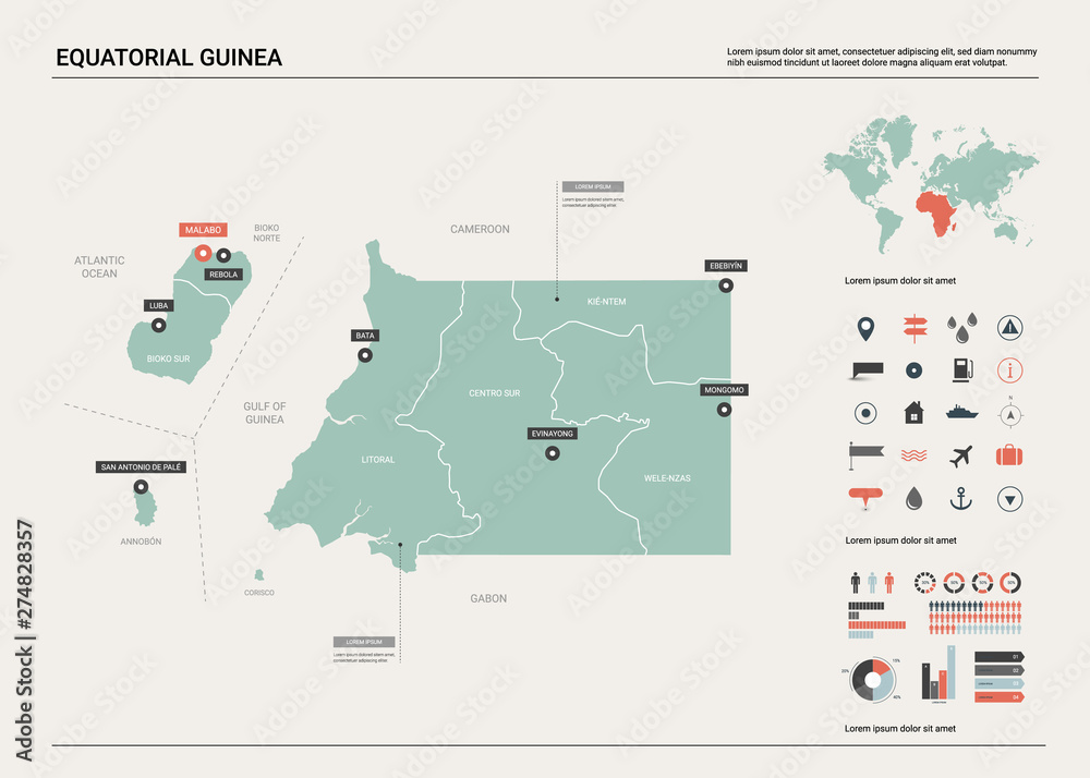 Vector map of Equatorial Guinea. Country map with division, cities and ...
