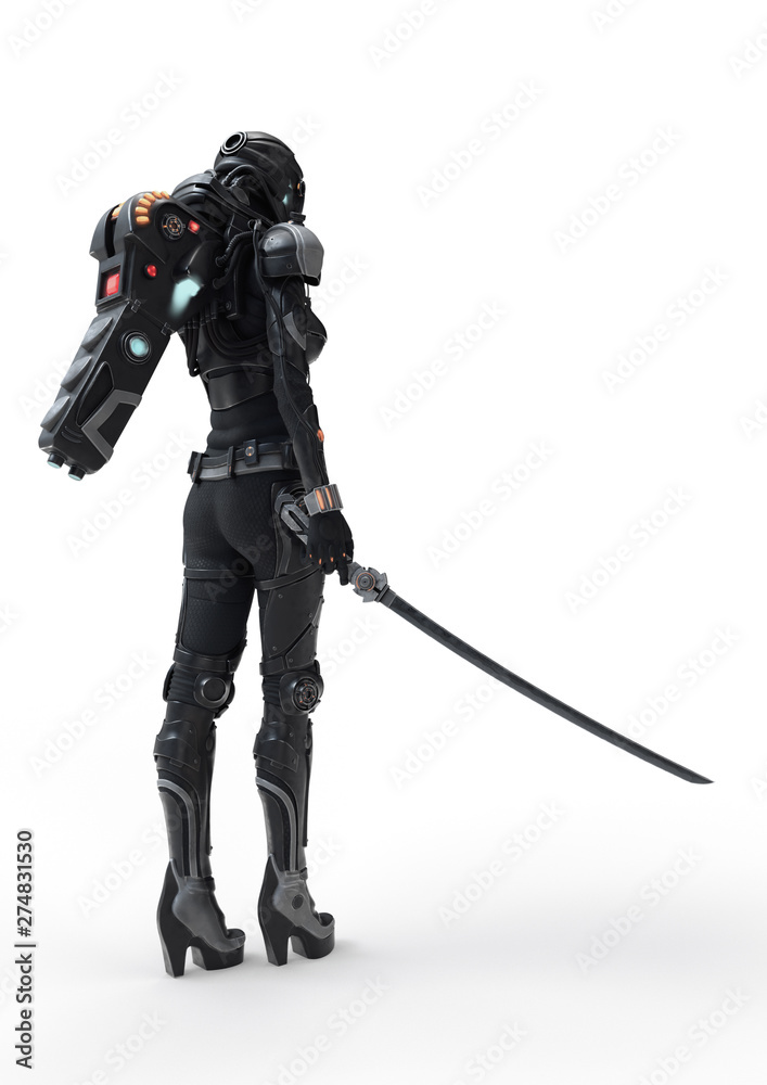 Science fiction cyborg female standing and holding futuristic japanese ...