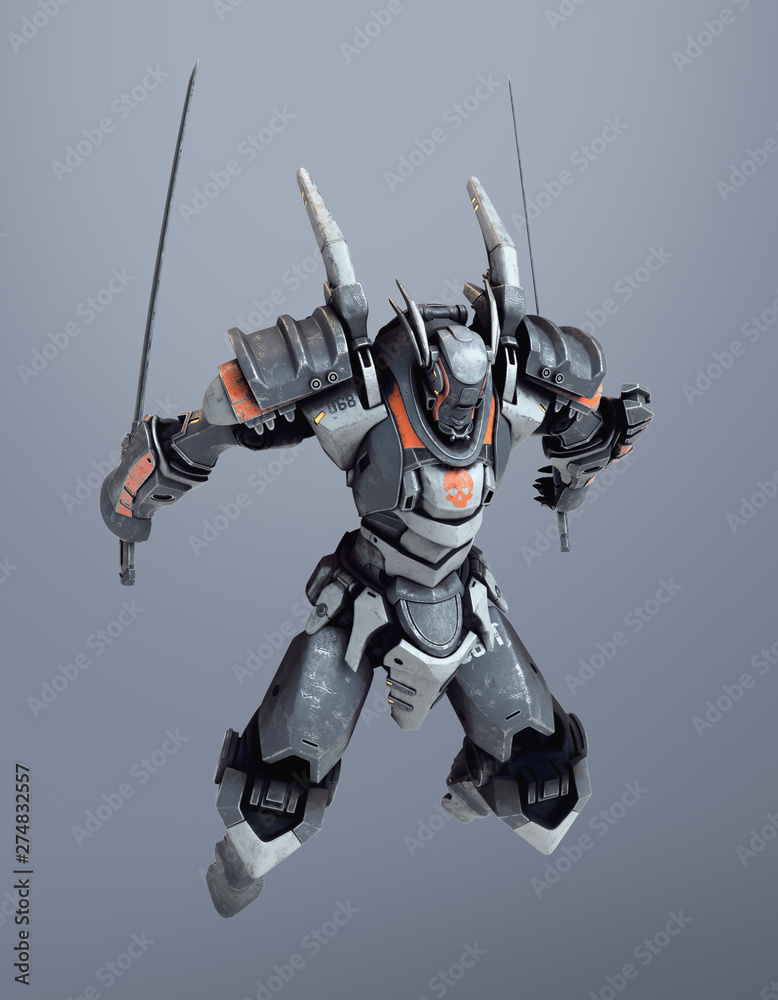Sci-fi mech warrior holding two swords in fighting position. Mech in a ...