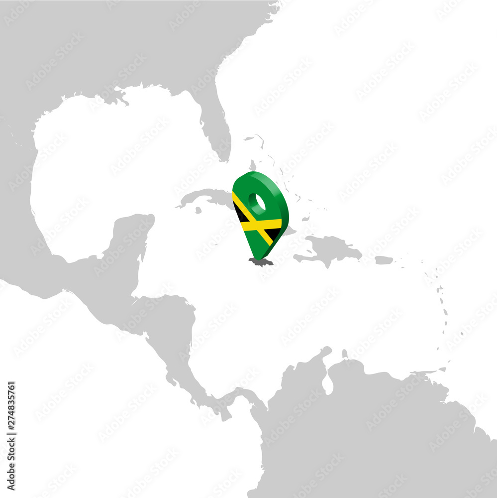 Jamaica Location Map on map Central America . 3d Jamaica flag map marker location pin. High ...