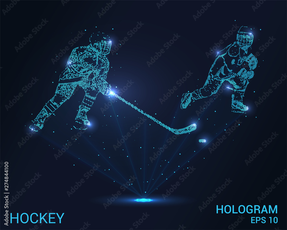 Hologram hockey. Holographic projection of two hockey players ...