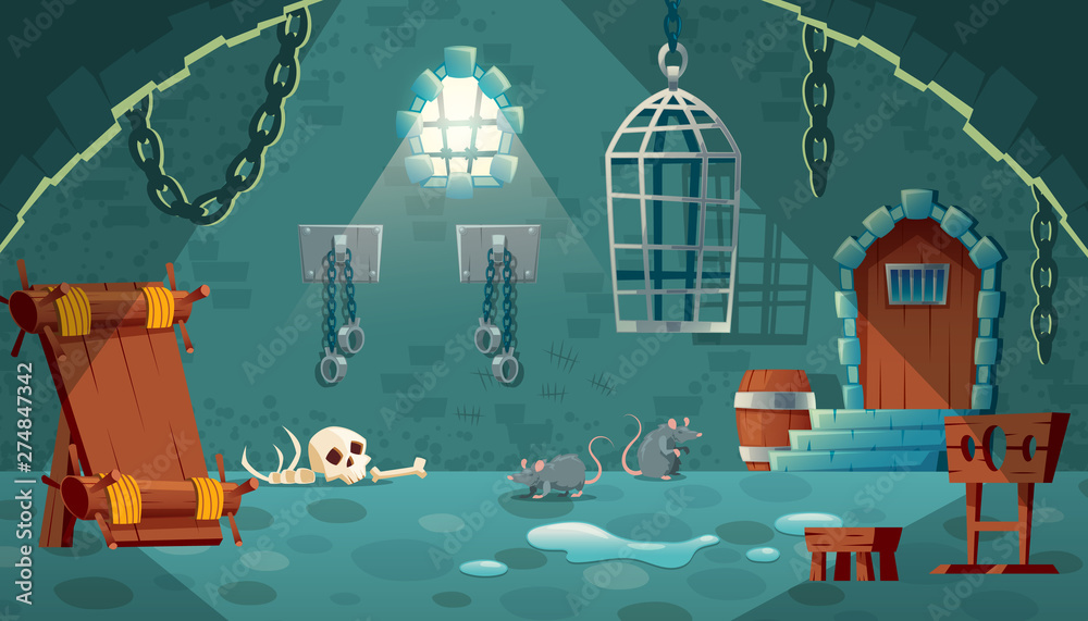 Vector concept illustration with medieval prison cell. Castle dungeon ...