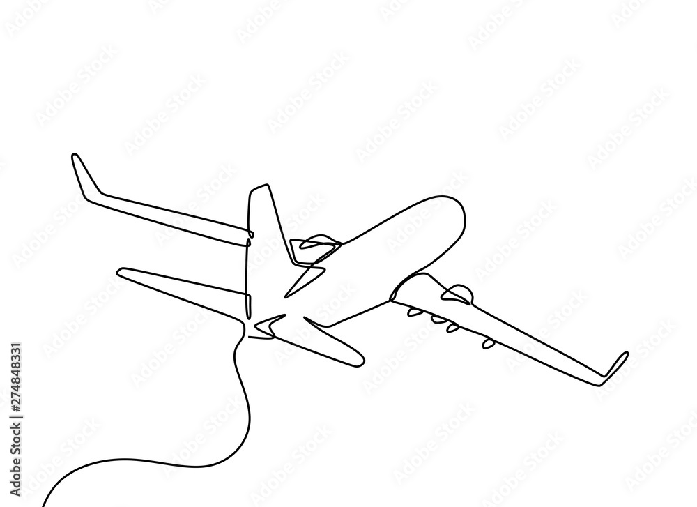 one line drawing of airplane flying on the sky on white background ...