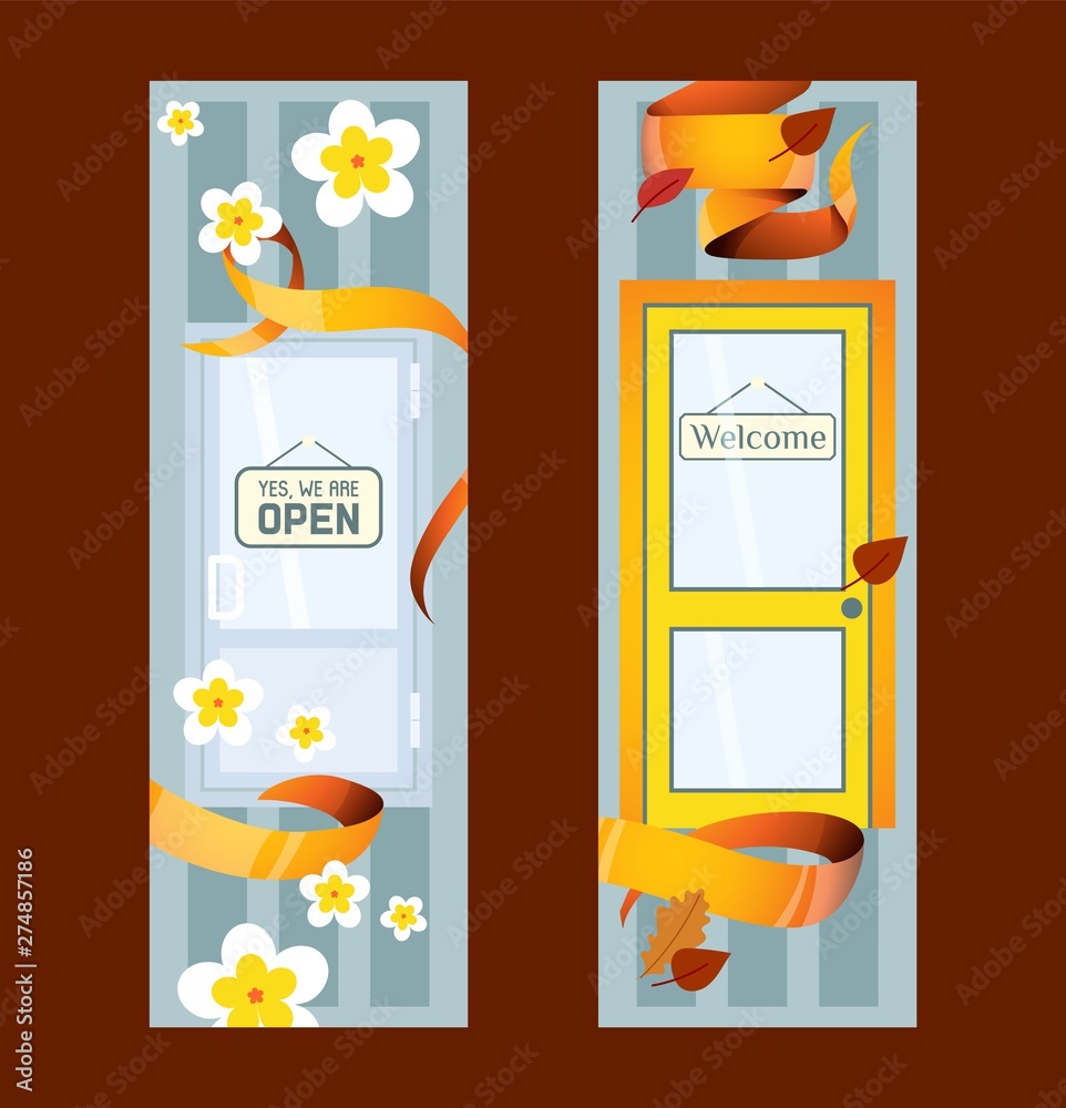 Front doors to houses and buildings set of banners in flat design ...