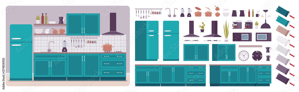 Kitchen room interior, home creation set, ultramarine cabinet, vent ...