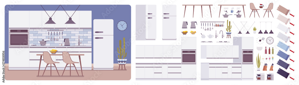 Kitchen room interior, house creation set, modern home project, kit ...