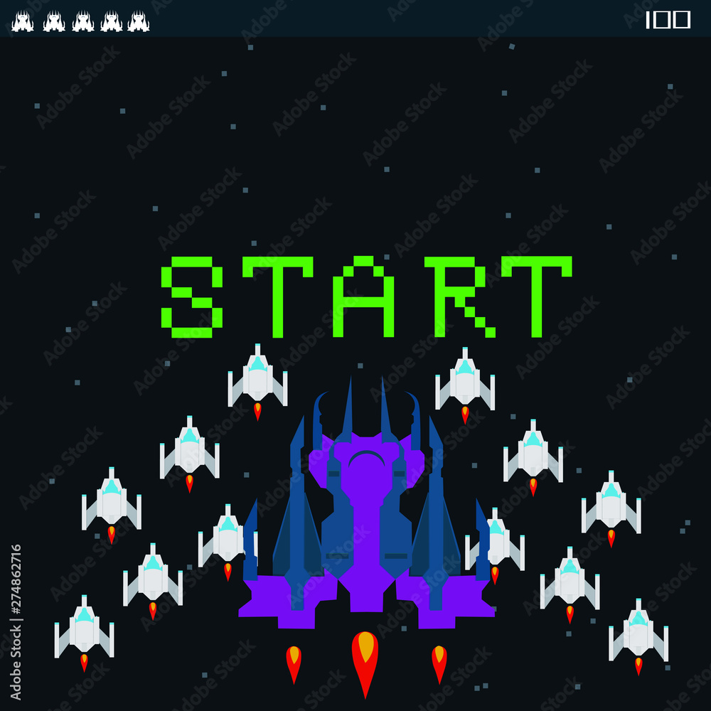 Retro video game, screen, arcade space warships, shooting, background ...