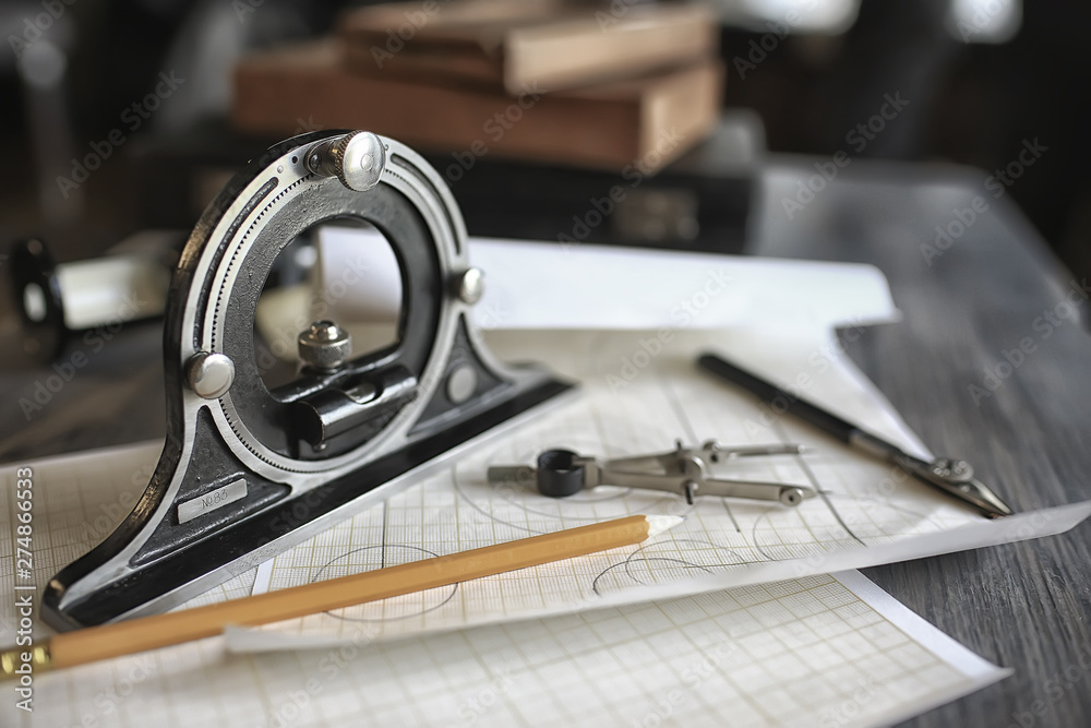 drawing tools, concept engineering project vintage / compass pencil ...