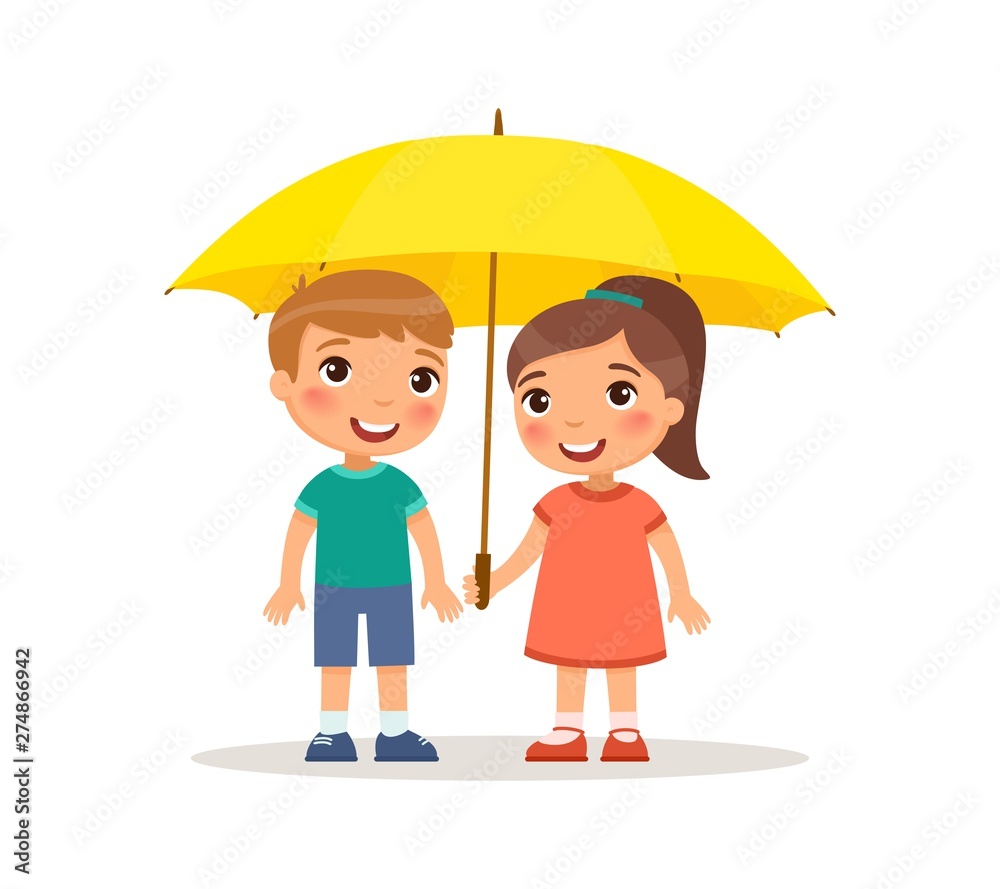 Cute little boy and girl stand with an umbrella. Happy school or ...