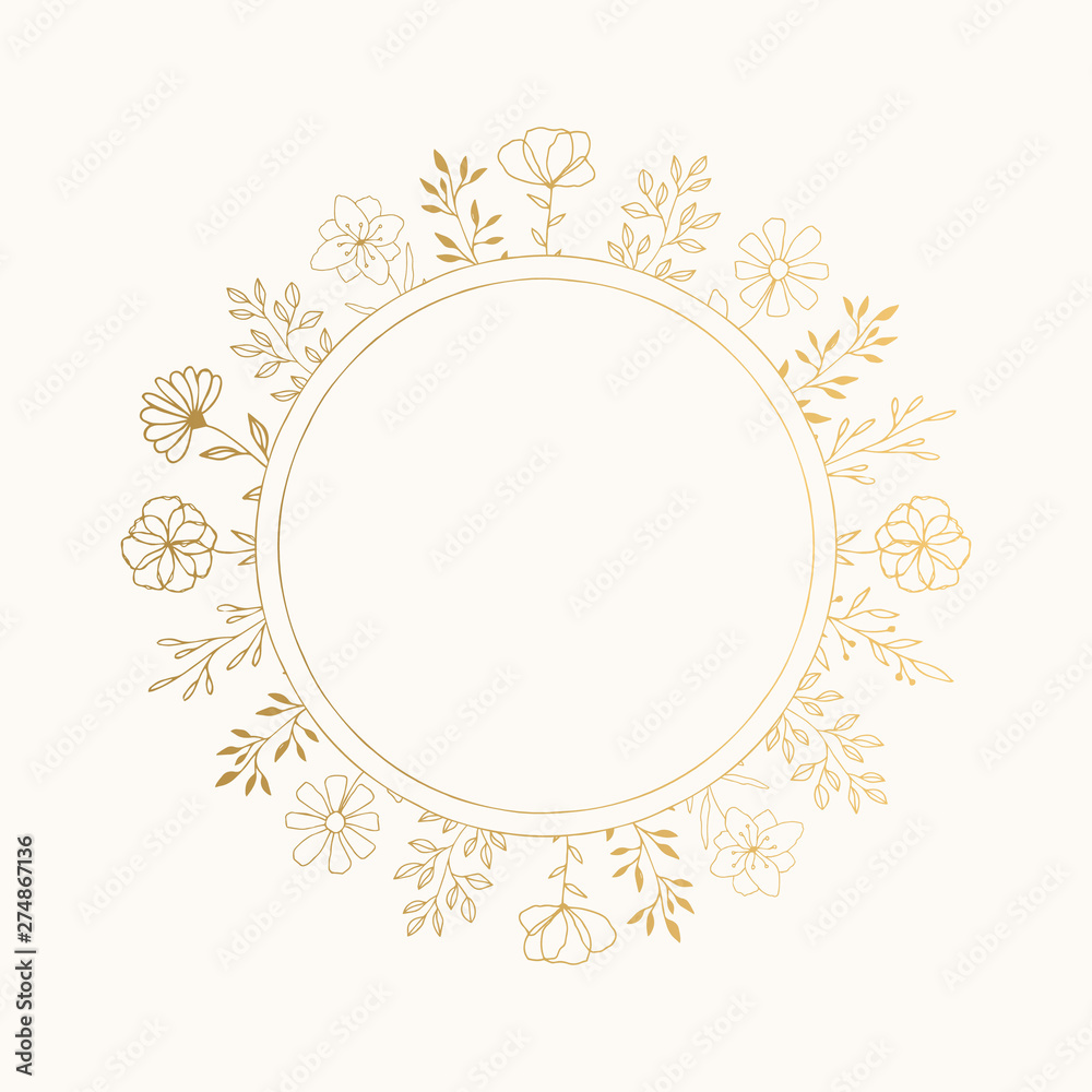 Gold circle frame with flowers and leaves. Golden wedding element ...