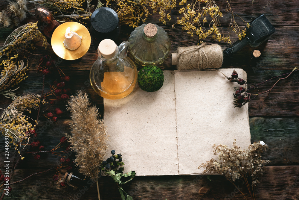 Recipe magic book and various dry herbs on a table of witch doctor or a ...