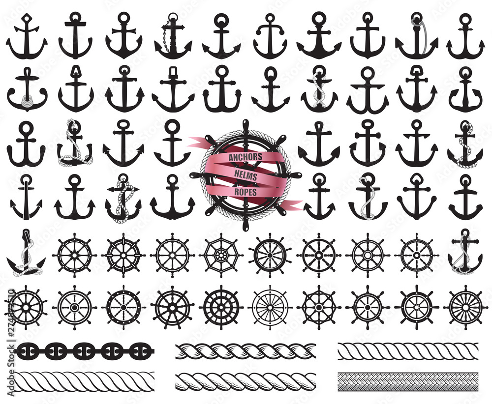 Set of anchors, rudders icons, and ropes. Vector illustration. Stock ...