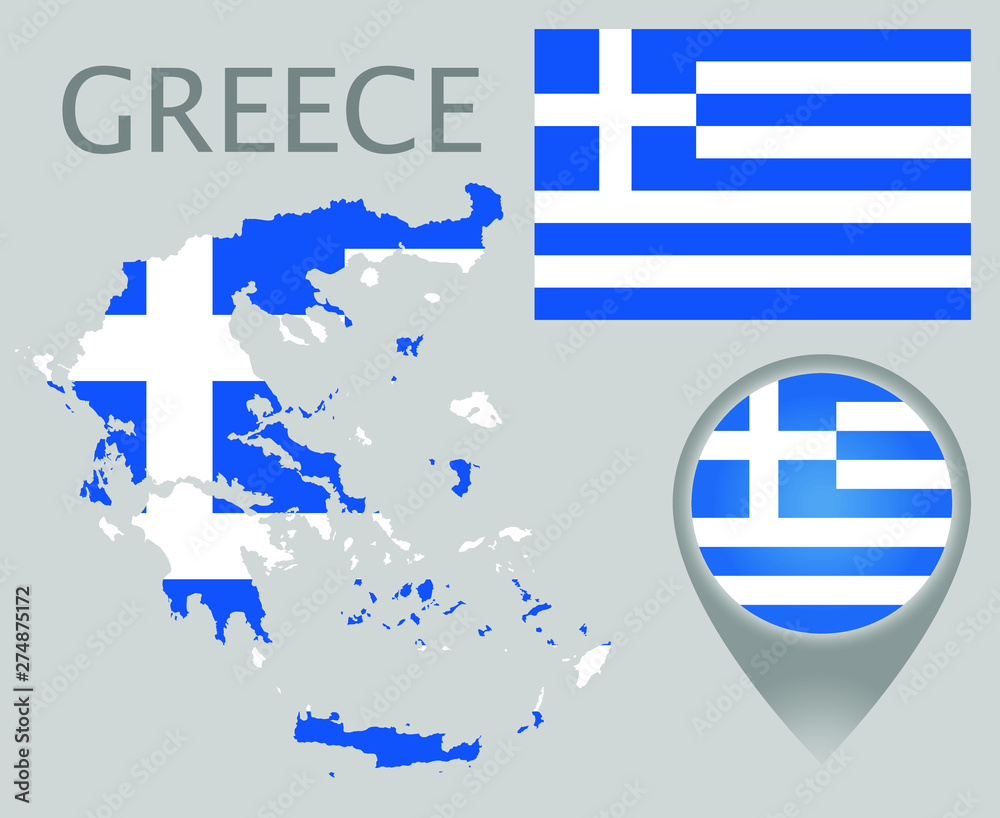 Colorful flag, map pointer and map of Greece in the colors of the Greek ...