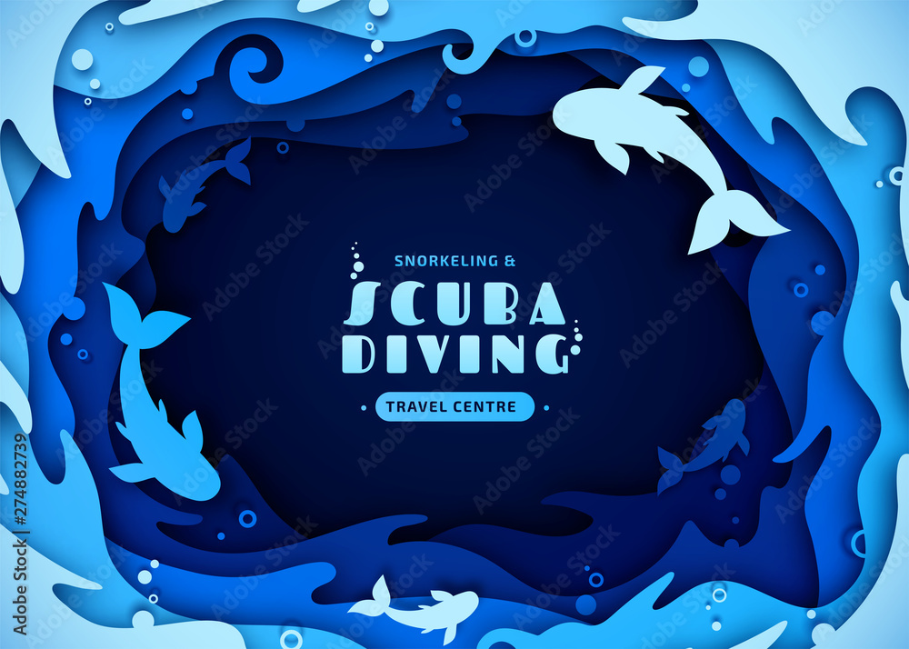 Paper art of scuba diving, snorkeling and marine life concept. Origami ...