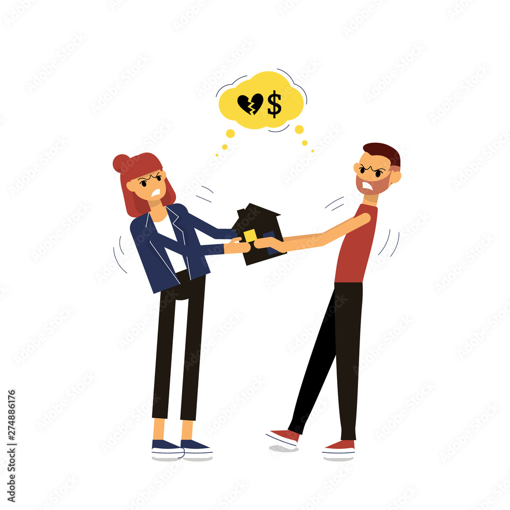 Divorcing man and woman fighting for property. Pulling small house ...