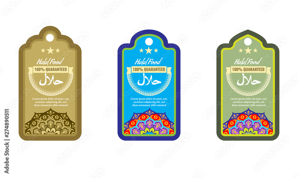 Guaranteed halal label set. Islamic badge with ornaments. Vector ...