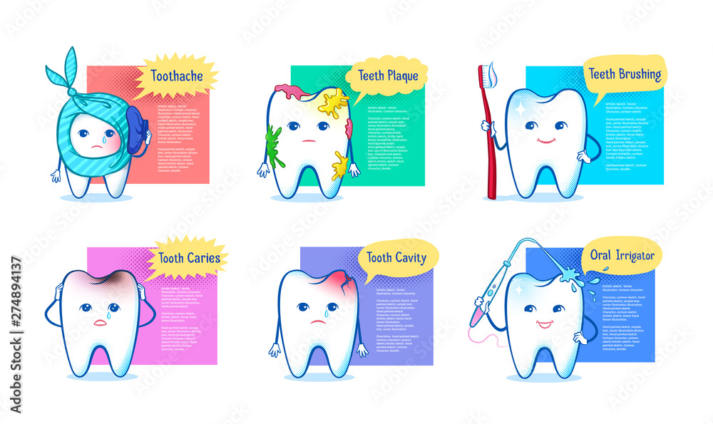 Collection of designs with tooth characters Stock Vector | Adobe Stock