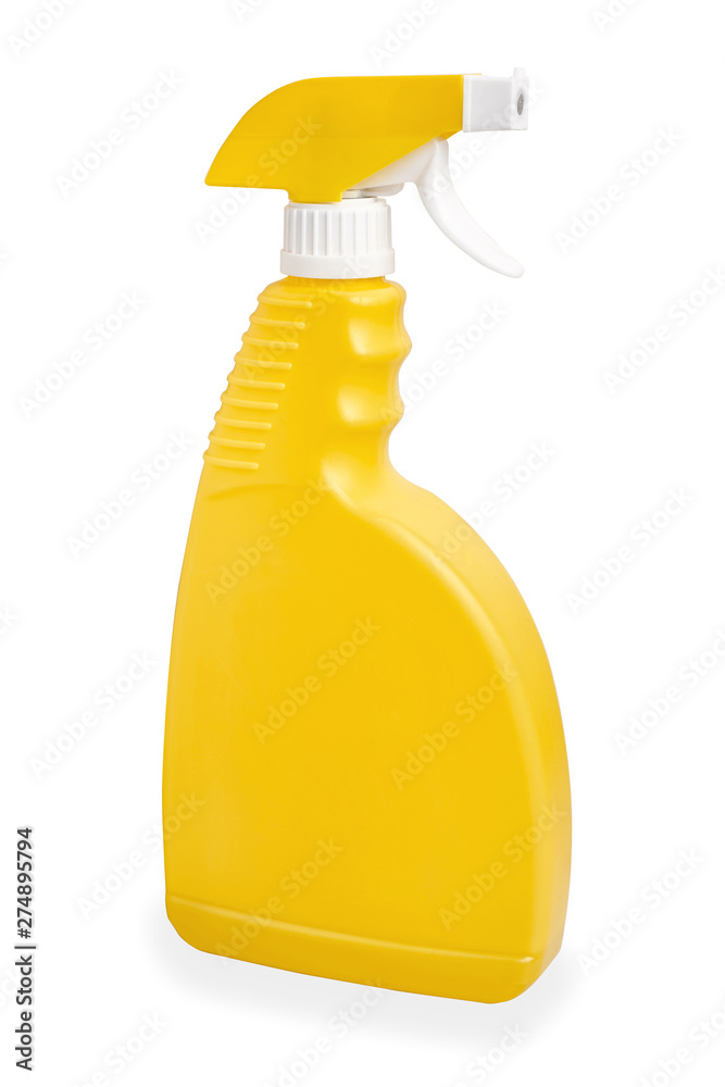 yellow spray pistol bottle diagonal view for detergent isolated on ...