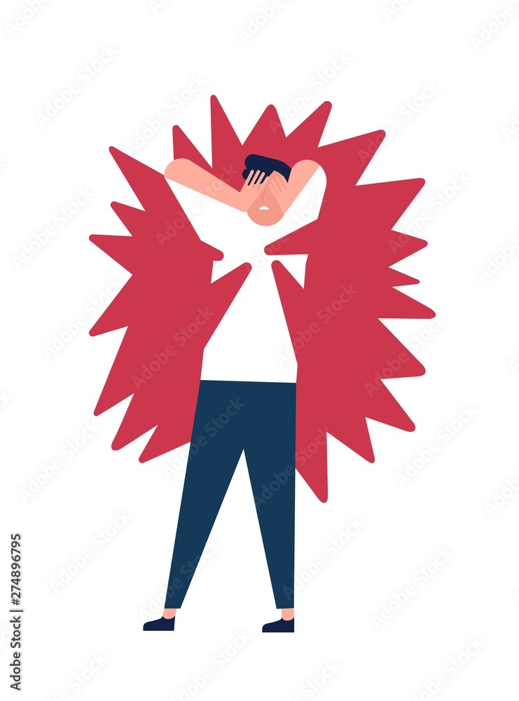 Young man suffering from mental pain, distress, anxiety. Unhappy guy ...