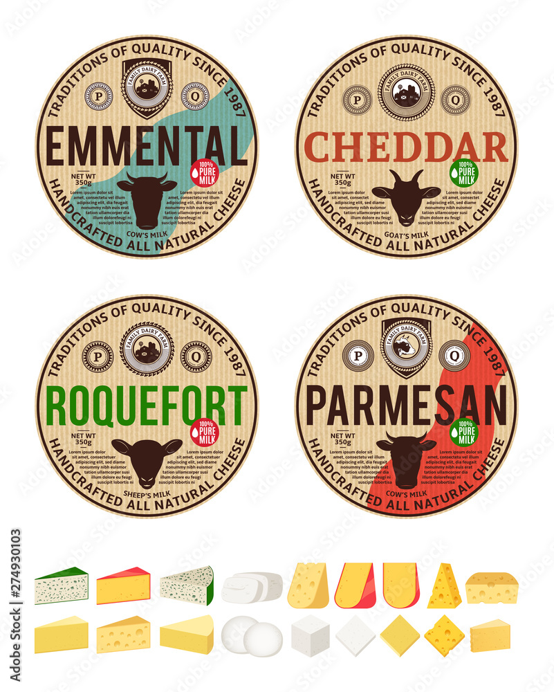 Vector vintage cheese round labels and different types of cheese ...