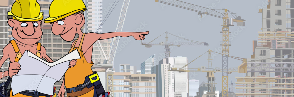 funny cartoon builders are looking at a blueprints while on a ...