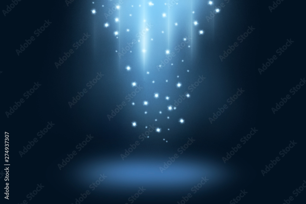 Blue dark stage and show background with light stars and spotlight ...