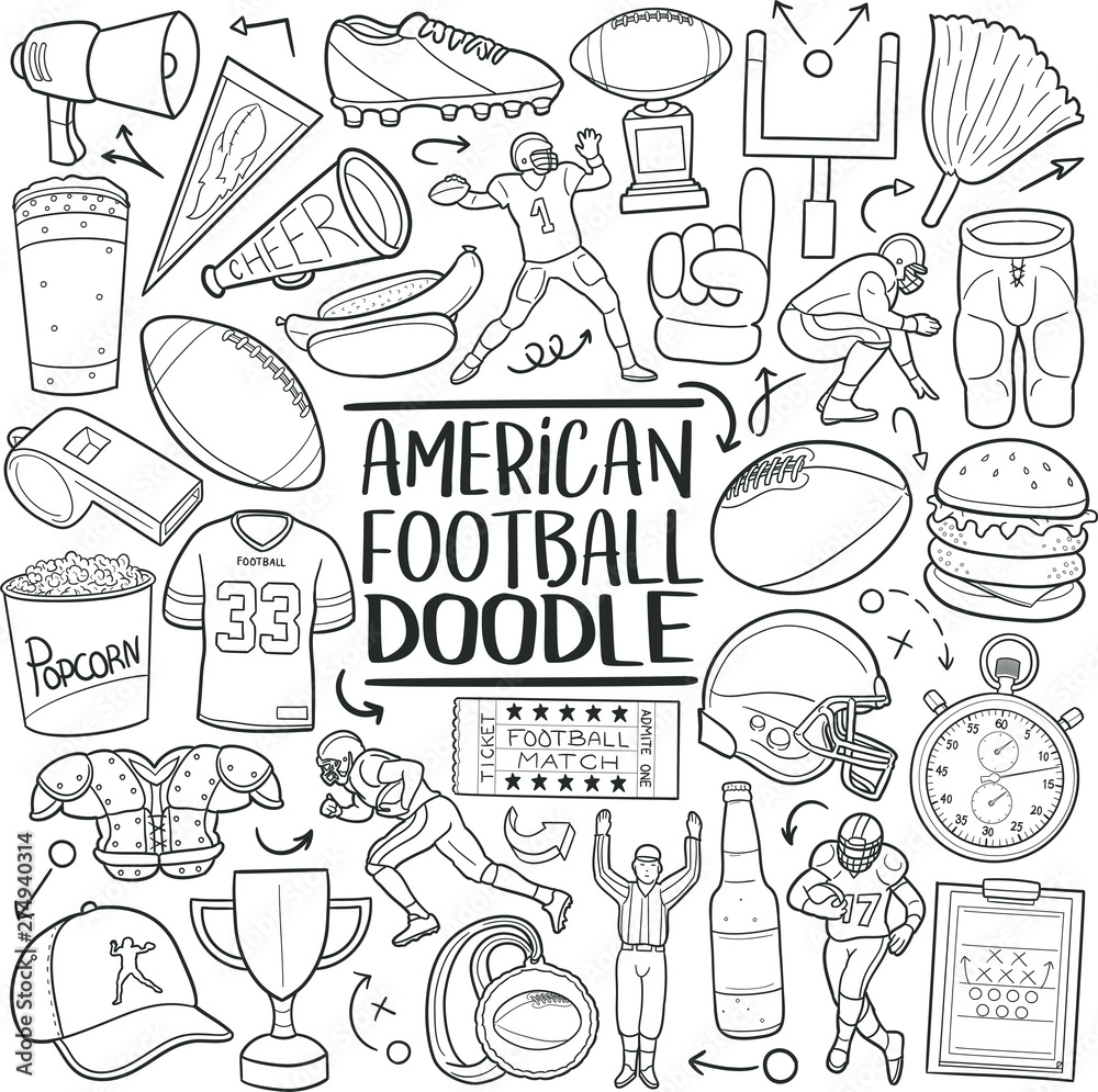 American Football Sport Traditional Doodle Icons Sketch Hand Made ...