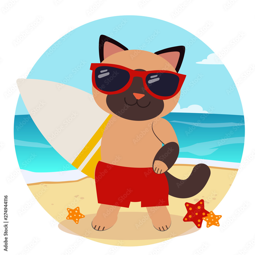 Cartoon happy cat holding a surfboard . Cute happy cat holding ...