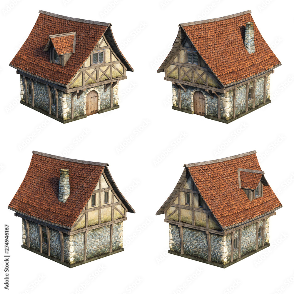 Medieval house set. 3D illustration Stock Illustration | Adobe Stock