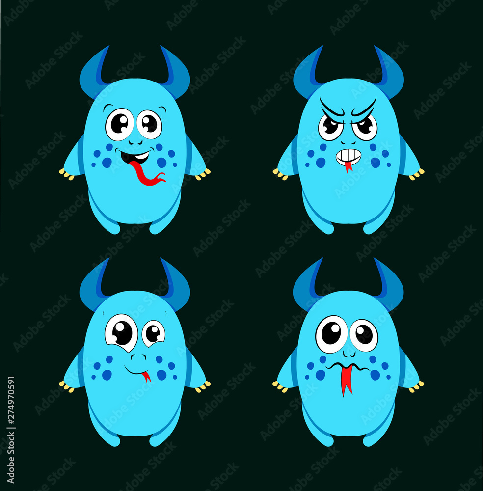 Set of cartoon monsters with different emotions, cute emoji chidish ...