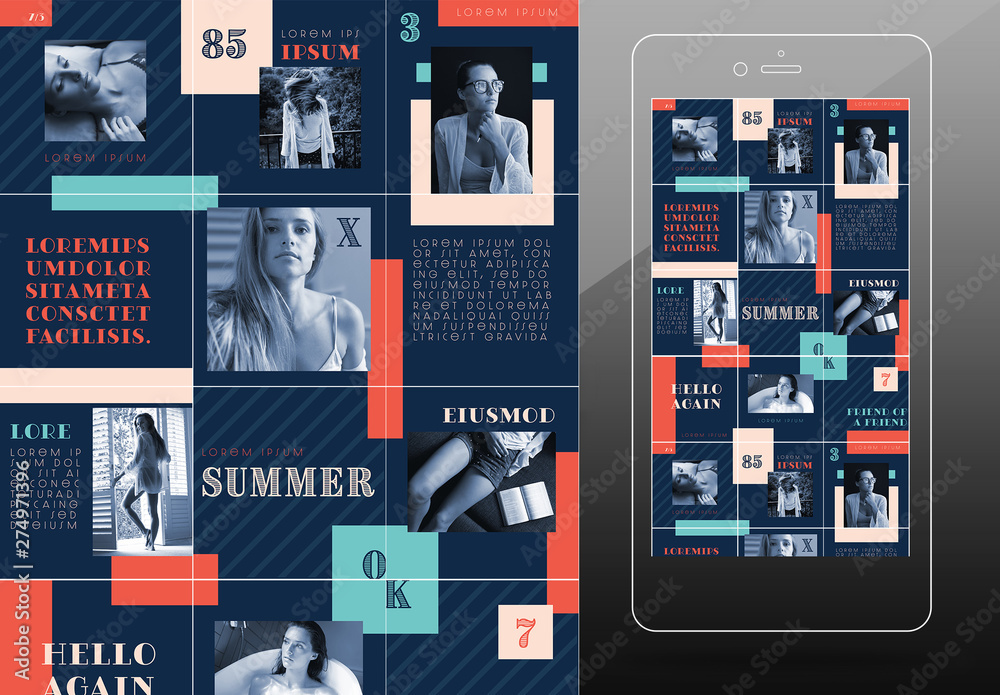 Social Post Grid Layout with Blue and Orange Accents Stock Template ...