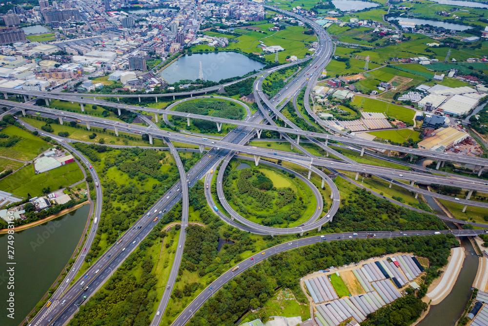 Aerial view of highway junctions. Bridge roads shape number 8 or ...
