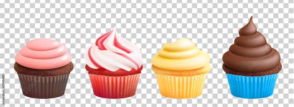 Realistic cupcakes with cream. Vector muffins isolated on transparent ...