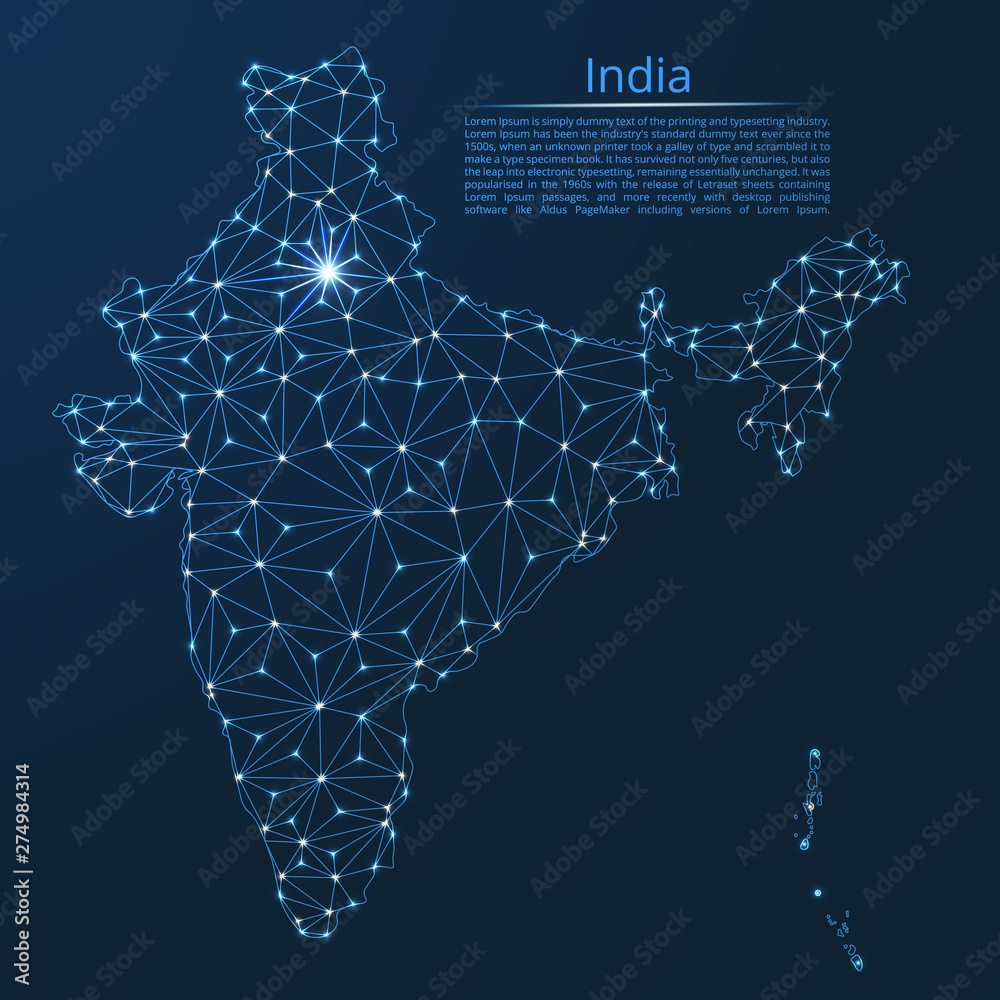 India communication network map. Vector low poly image of a global map ...