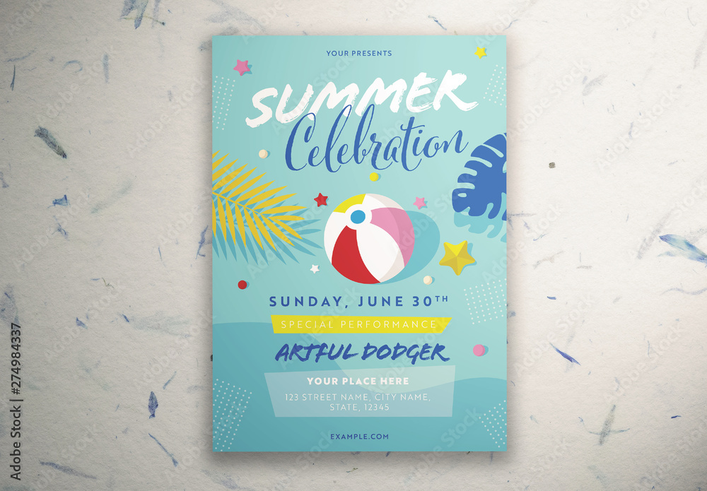 Summer Celebration Poster Layout with Illustrative Elements Stock ...