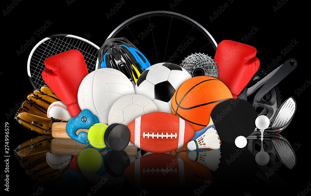 huge collection stack of sport balls gear equipment from various sports ...