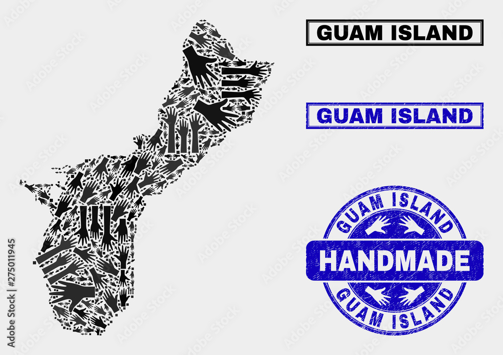 Vector handmade combination of Guam Island map and rubber stamps ...