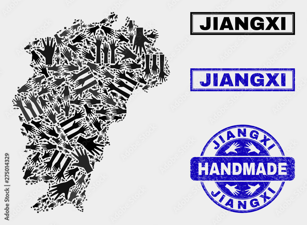 Vector handmade collage of Jiangxi Province map and grunge seals ...