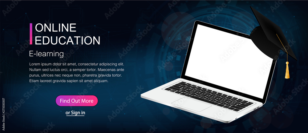 Online education composition with laptop and futuristic background. Can ...