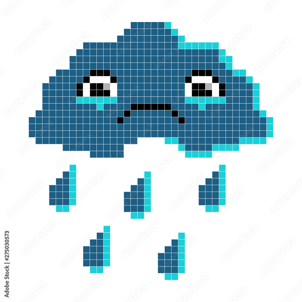 Sad cloud. Pixel art, cartoon vector illustration. Retro game style ...